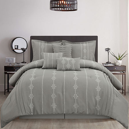 Closeout! Stratford Park Crocusveta Satin Embroidery 7-Pc. Comforter Set  Queen - Grey