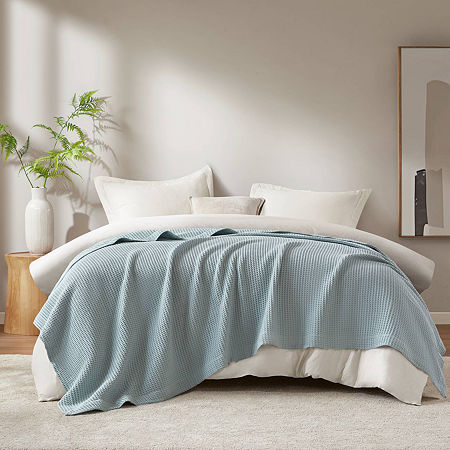 Madison Park Waffle Weave Cotton Blanket  King - Aqua