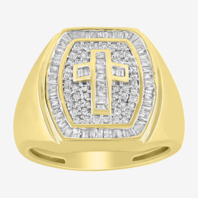 Mens 3/4 CT. T.W. Natural White Diamond 10K Gold Cross Fashion Ring ...