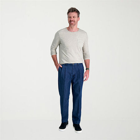 Haggar Mens Stretch Denim Classic-Fit Pleated Pants - Med Stonewash