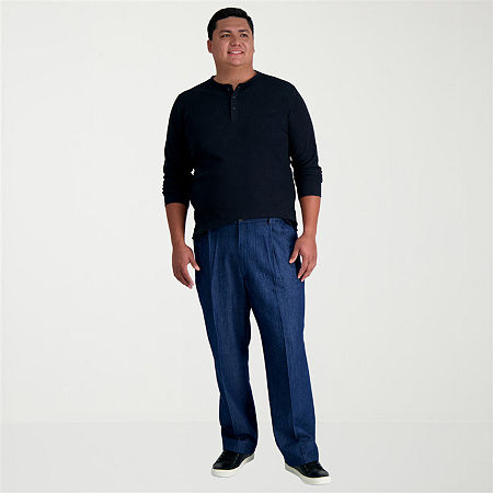 Haggar Mens Big & Tall Stretch Denim Classic-Fit Pleated Pants - Blue