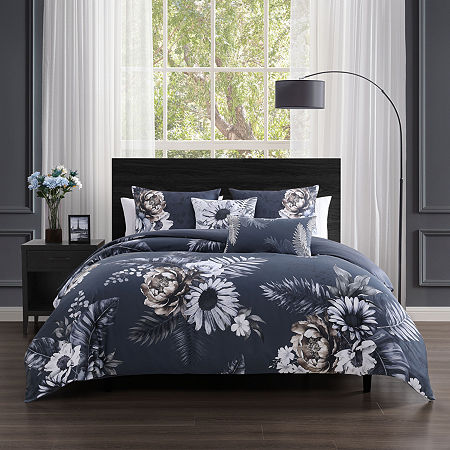 Bebejan Forget Me Not Bedding 100 Cotton Sateen 5 Piece Reversible King Comforter Set - Dark Blue