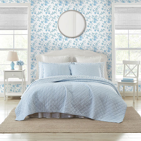 Laura Ashley Oxford Stripe Reversible 2 Piece Quilt Set  Twin - Chambray Blue/White