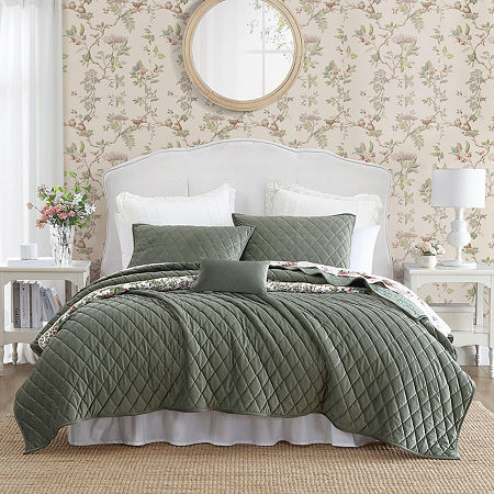 Laura Ashley Solid Diamond Stitch Velvet 4-Piece Quilt Set  King - Dark Green