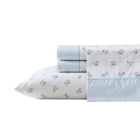 Laura Ashley 200-Thread Count Cotton Percale 4 -Pc. Sheet Set  Queen - Harperette Printed Hem