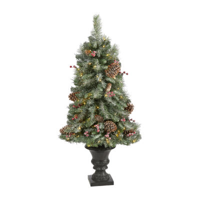 Nearly Natural Frosted 4 Foot Pre-Lit Flocked Potted Pine Christmas ...