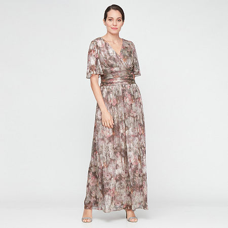 Sl Fashions Womens V-Neck Metallic A-Line Gown - Taupe Multi
