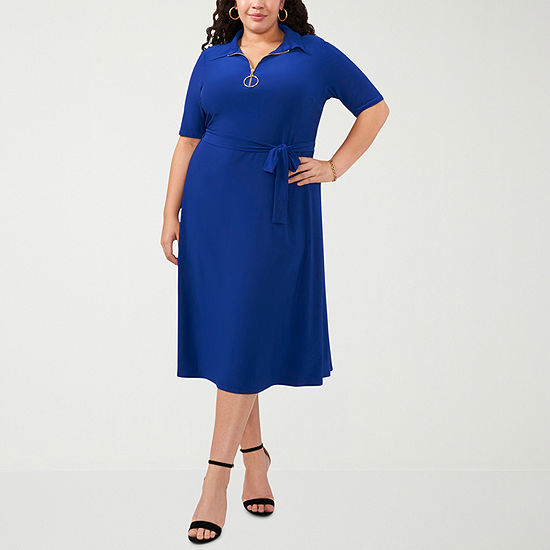 MSK Womens Short Sleeve Midi Fit + Flare Dress Plus, Color: Navy - JCPenney MSK Womens Short Sleeve Midi Fit + Flare Dress Plus, Color: Navy - JCPenney