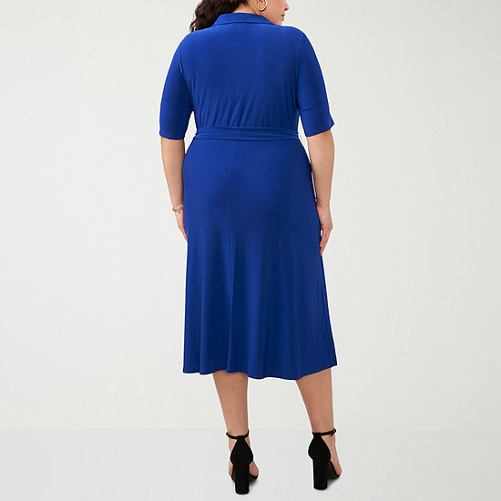 MSK Womens Short Sleeve Midi Fit + Flare Dress Plus, Color: Navy - JCPenney MSK Womens Short Sleeve Midi Fit + Flare Dress Plus, Color: Navy - JCPenney