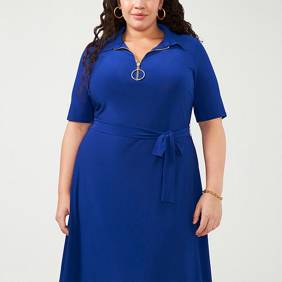 MSK Womens Short Sleeve Midi Fit + Flare Dress Plus, Color: Navy - JCPenney MSK Womens Short Sleeve Midi Fit + Flare Dress Plus, Color: Navy - JCPenney