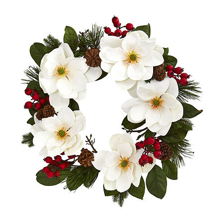 Click here for Nearly Natural 26in Magnolia Pine Wreath  One Size... prices