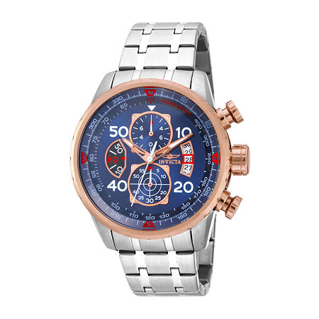 Invicta Mens Aviator Quartz Chronograph Blue Dial Stainless Steel Bracelet Watch - Blue