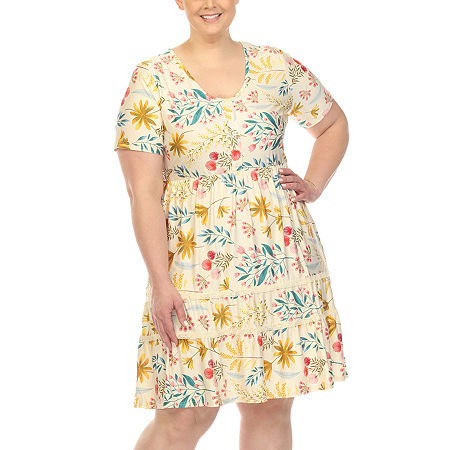 White Mark Plus Size Floral Short Sleeve Knee Length Dress - Beige