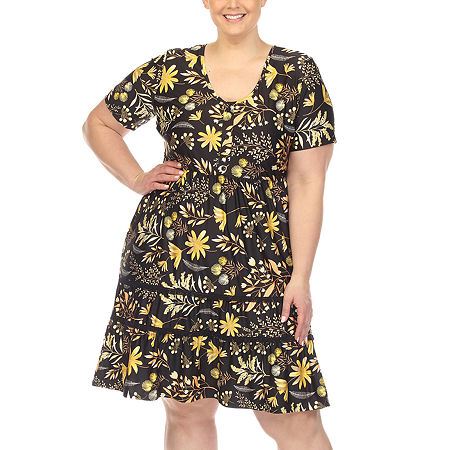 White Mark Plus Size Floral Short Sleeve Knee Length Dress - Black