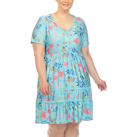 White Mark Plus Size Floral Short Sleeve Knee Length Dress - Blue