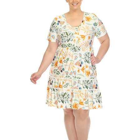 White Mark Plus Size Floral Short Sleeve Knee Length Dress - White
