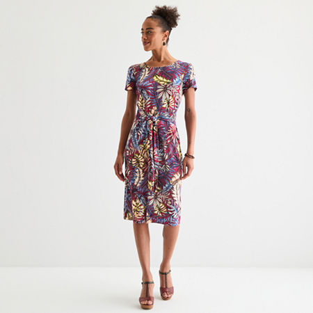 Connected Womens Printed Tie-Front Sheath Dress - Ber
