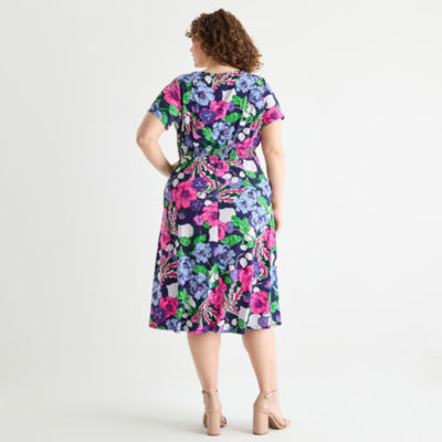 Perceptions Womens Plus Short Sleeve Floral Midi Fit + Flare Dress