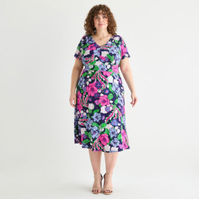 Perceptions Womens Short Sleeve Floral Midi Plus Fit + Flare Dress ...
