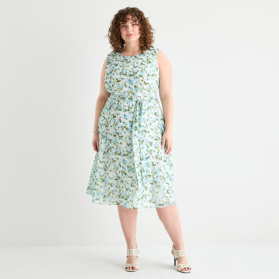 Perceptions Womens Sleeveless Floral Midi Fit + Flare Dress Plus, Color ...