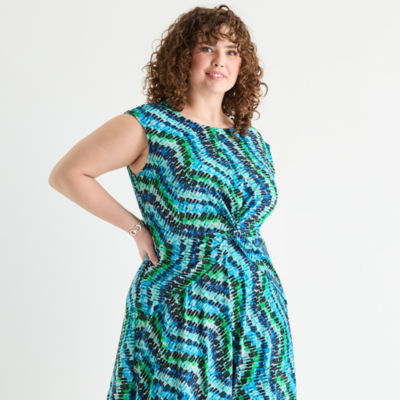 Perceptions Womens Plus Sleeveless Chevron Midi Fit + Flare Dress ...
