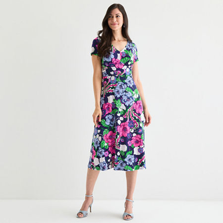 Perceptions Womens Short Sleeve Floral Midi Fit + Flare Dress  Petite Medium  Blue