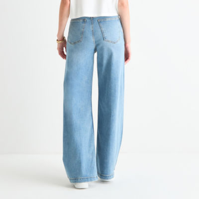 Arizona Womens Juniors Highest Rise Wide Leg Jean, Color: Med Pinewood ...