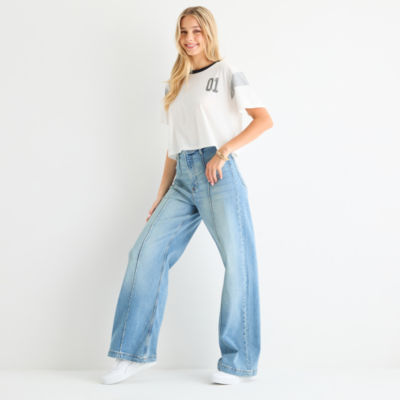 Arizona Womens Juniors Highest Rise Wide Leg Jean, Color: Med Pinewood ...
