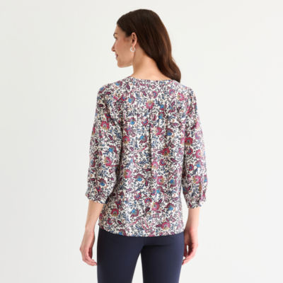 St. John's Bay Womens Split Crew Neck 3/4 Sleeve Blouse - JCPenney