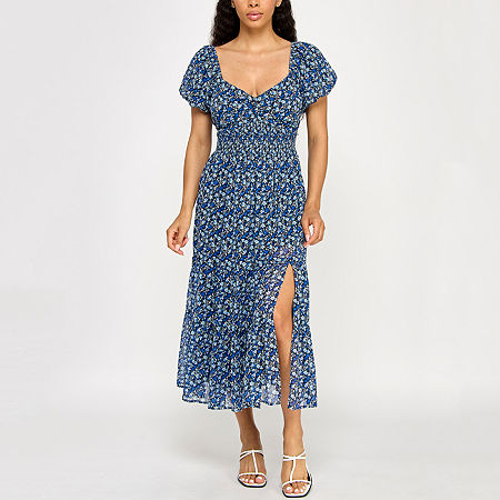 Trixxi Womens Short Sleeve Floral Midi Juniors Fit + Flare Dress  X-large  Blue