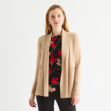 Liz Claiborne Womens Long Sleeve Open Front Cardigan  Petite Medium  Beige