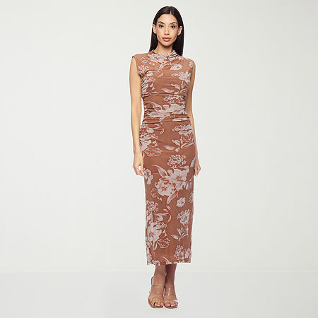 Premier Amour Womens Sleeveless Midi Floral Sheath Dress  8  Brown