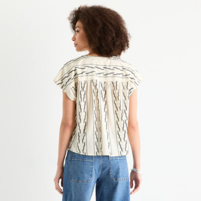 a.n.a Embroidered Womens Split Crew Neck Short Sleeve Blouse - JCPenney