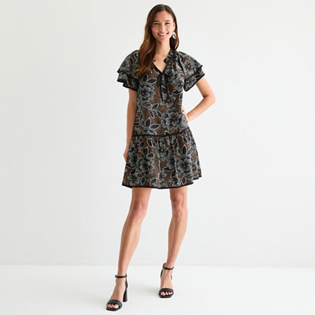 52seven Womens Short Sleeve Floral Shift Dress  Petite Large  Black
