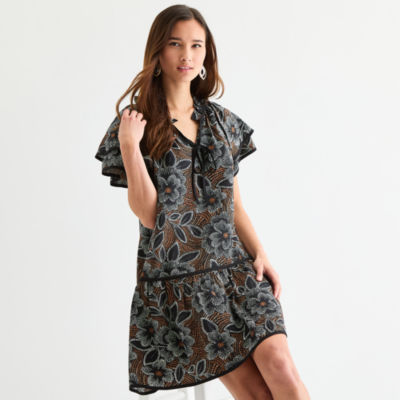 52seven Womens Short Sleeve Floral Shift Dress, Color: Black Brown ...