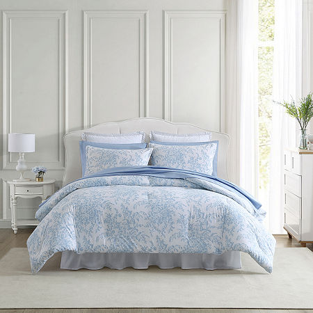 Laura Ashley Bedford Cotton Reversible 3 Piece Comforter Set  King - Blue Cashmere  White
