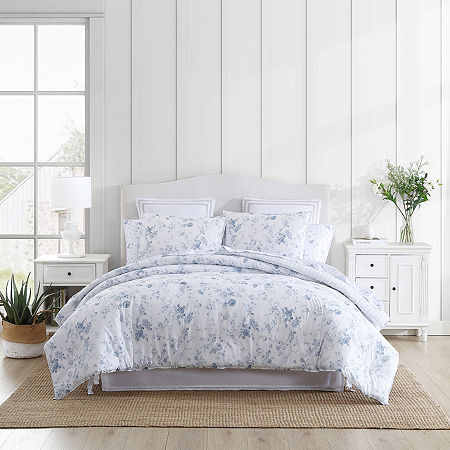 Laura Ashley Belinda Cotton Reversible 3 Piece Comforter Set  King - Chambray Blue