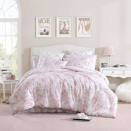 Laura Ashley Delphine Cotton Reversible 3 Piece Comforter Set  Full/Queen - Mauve Pink