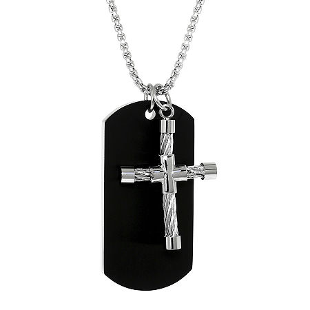 Click here for Mens Stainless Steel Cable Cross & Black IP Dog Ta... prices
