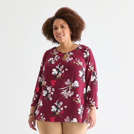Liz Claiborne Womens Easy-on + Easy-off Round Neck 3/4 Sleeve Adaptive Plus Blouse  1x  Red