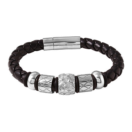 Click here for Mens Stainless Steel and Black Leather Bracelet  O... prices