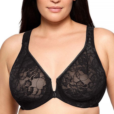 Glamorise Full Figure Plus Size Lacey T-Back Front-Closure Wonderwire Bra Underwire 9246 - Solid Black