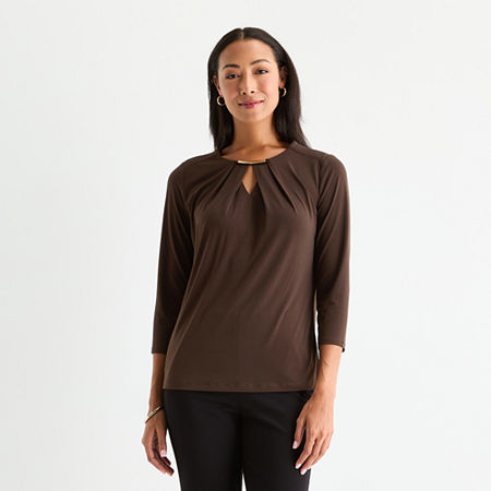 Liz Claiborne Womens Easy-on + Easy-off Keyhole Neck 3/4 Sleeve Adaptive Blouse  Large  Brown