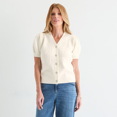 Liz Claiborne Womens V Neck Short Sleeve Button Cardigan  Medium  Beige