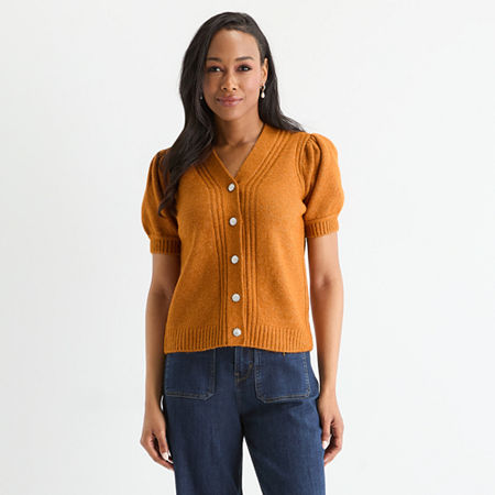 Liz Claiborne Womens V Neck Short Sleeve Button Cardigan  Xx-large  Yellow
