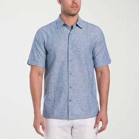 Cubavera Mens Classic-Fit Linen Blend Short Sleeve Button-Front Shirt - Dark Blue