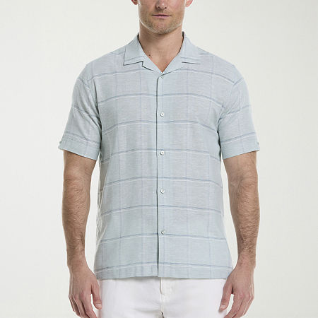 Cubavera Mens Classic-Fit Windowpane-Print Linen Blend Camp Shirt - Blue Surf
