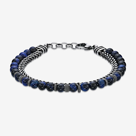 Mens Blue Tigers Eye Stainless Steel Beaded Bracelet  One Size