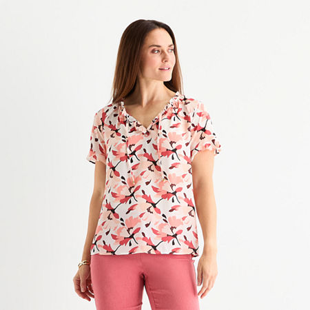 Liz Claiborne Womens Split Tie Neck Short Sleeve Blouse  X-large  Pink