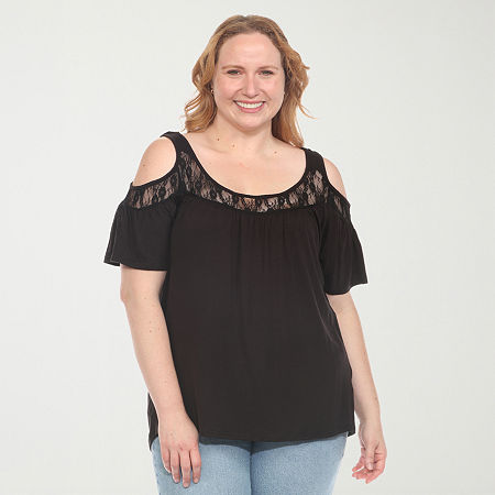 Plus Size White Mark Cold Shoulder Lace Trim Knit Blouse